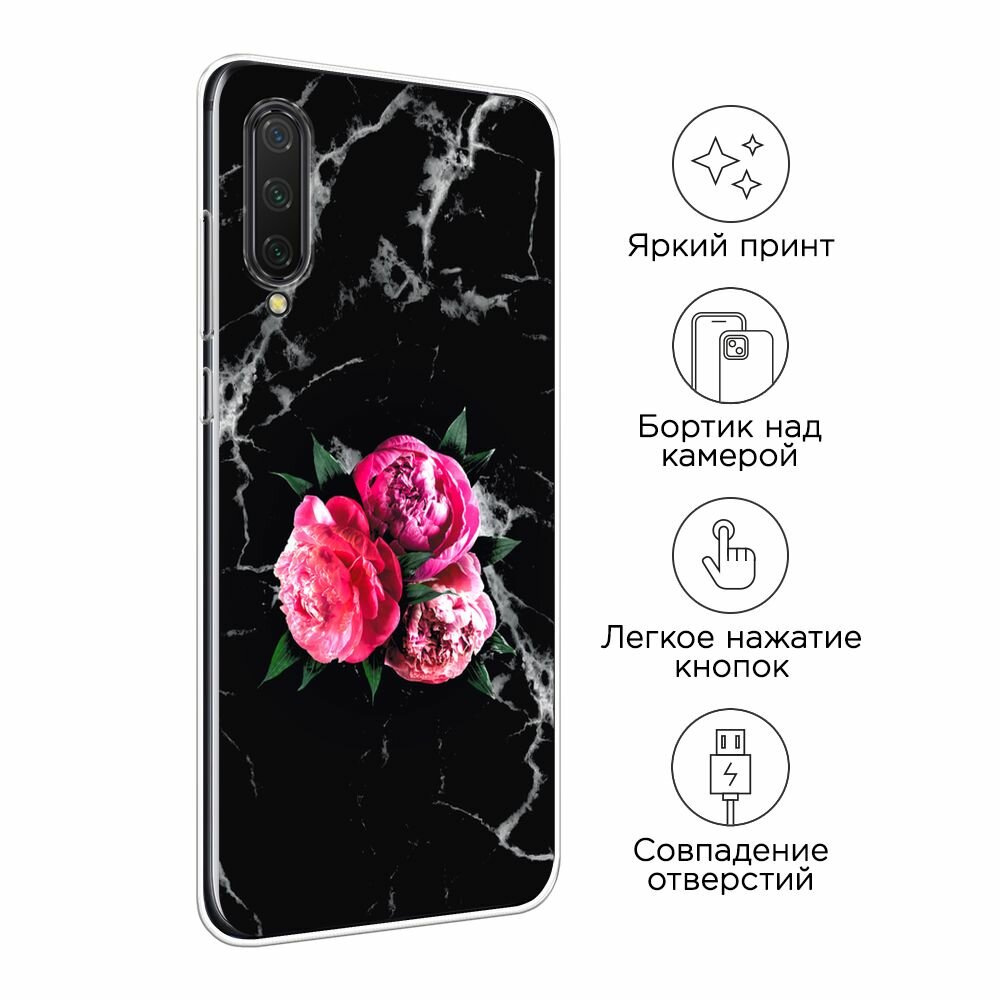 Чехол на Xiaomi Mi CC9/A3 Lite/9 Lite / Сяоми Mi CC9/A3 Lite/9 Lite с принтом "Букет на черном мраморе" — фото 1