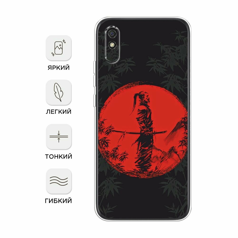 Чехол на Xiaomi Redmi 9A / Сяоми Редми 9А с принтом "Самурай на красном фоне" — фото 1