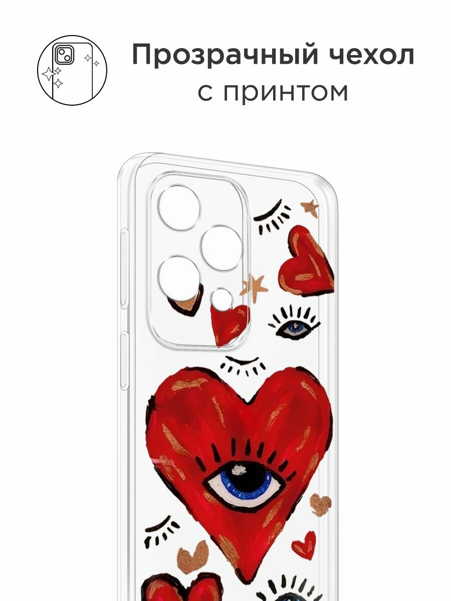 Чехол на Honor X6c / Хонор X6c с принтом "Нарисованные гуашью сердца", прозрачный — фото 1