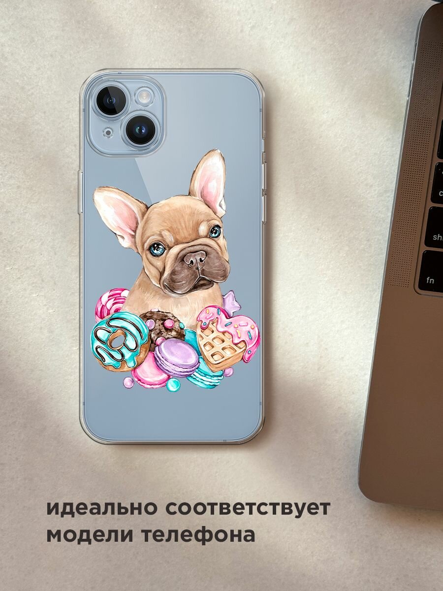 Чехол на Apple iPhone 14 / Айфон 14 с принтом "Бульдог и сладости", прозрачный — фото 1