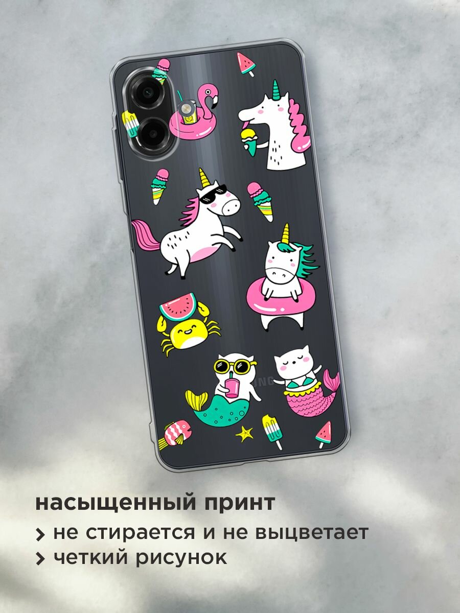 Чехол на Samsung Galaxy A07 / Самсунг А07 с принтом "Единороги в отпуске", прозрачный — фото 1