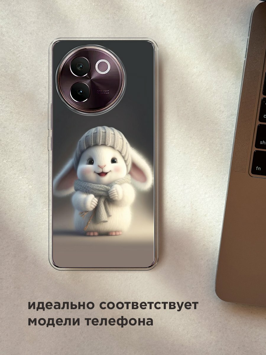 Чехол на Vivo V30e / Виво В30е с принтом "Белый крольчонок в шапке" — фото 1