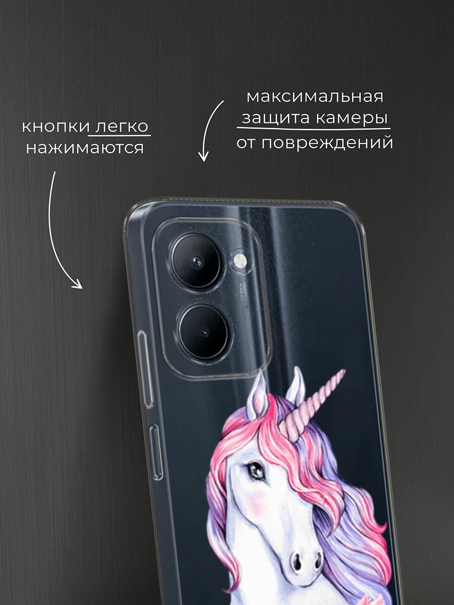 Чехол на Realme C33 / Реалми С33 с принтом "Единорог с пионами", прозрачный — фото 1