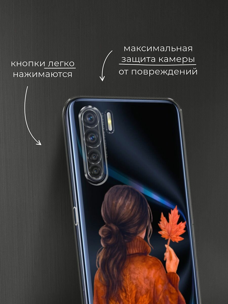 Чехол на Oppo A91/Reno 3 / Оппо A91/Рено 3 с принтом "Девушка с опавшим листом", прозрачный — фото 1