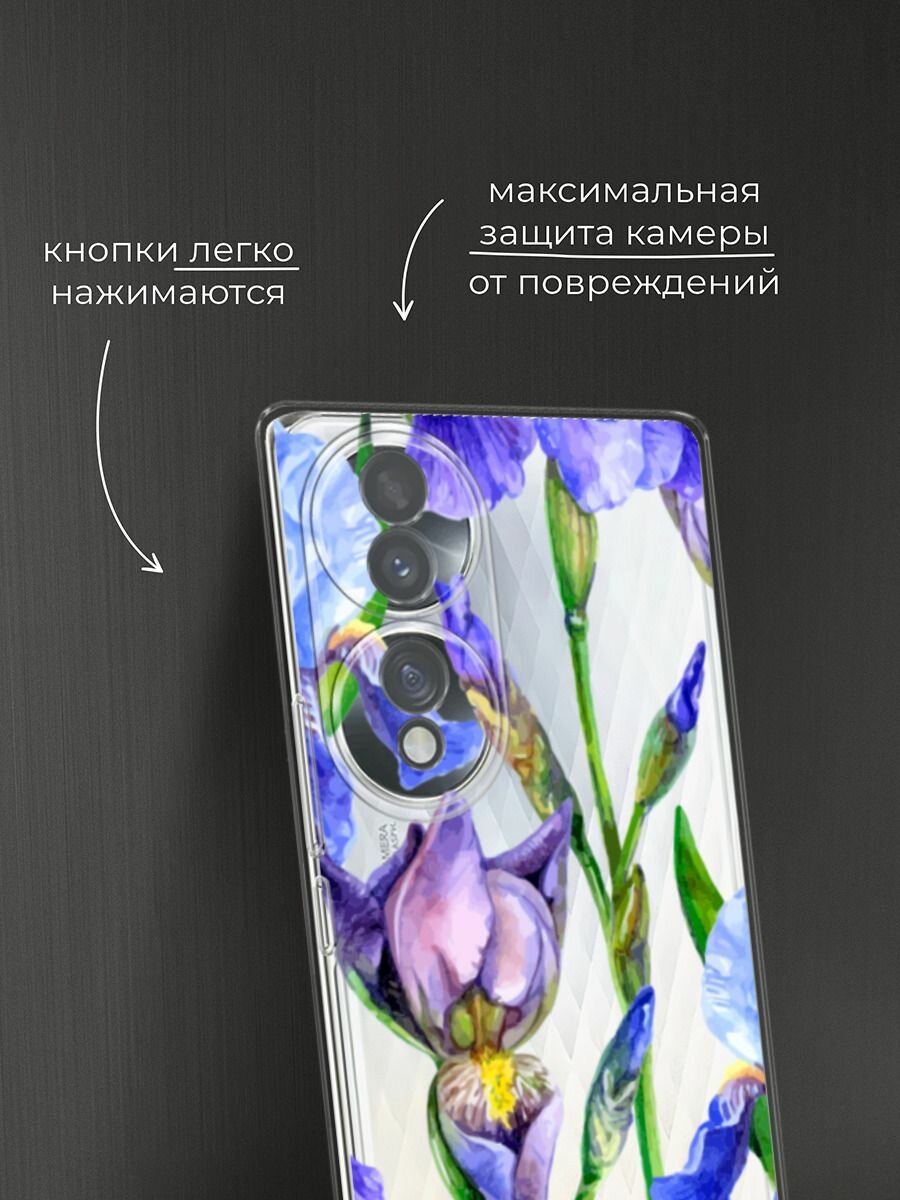 Чехол на Honor 70 / Хонор 70 с принтом "Синие ирисы", прозрачный — фото 1