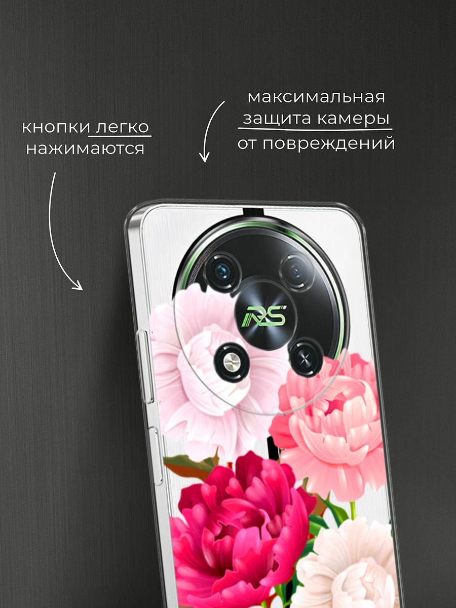 Чехол на Itel RS4 / Ител РС4 с принтом "Большие пионы", прозрачный — фото 1