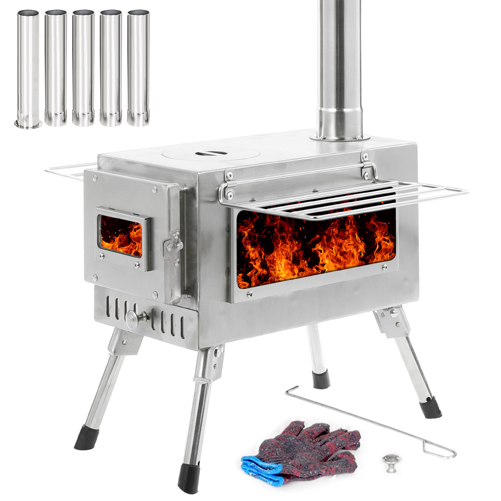 Портативная дровяная печь для палатки с 5 трубами для кемпинга, походов, путешествий, материал нержавеющая сталь, размер 53*40*38см/20.9*15.7*15дюймов, вес 8.2кг/18.1фунта, в комплект входят 1 печа для палатки