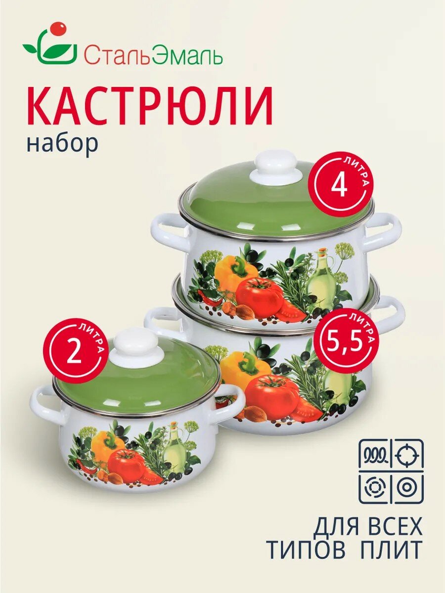 Набор кастрюль эмалированных с крышками 2 л, 4 л, 5,5 л, СтальЭмаль