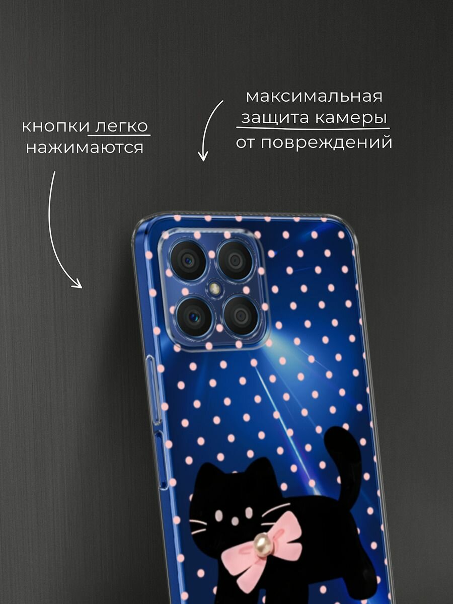 Чехол на Honor X8 / Хуавей X8 с принтом Черный котик с бантом, прозрачный — фото 1