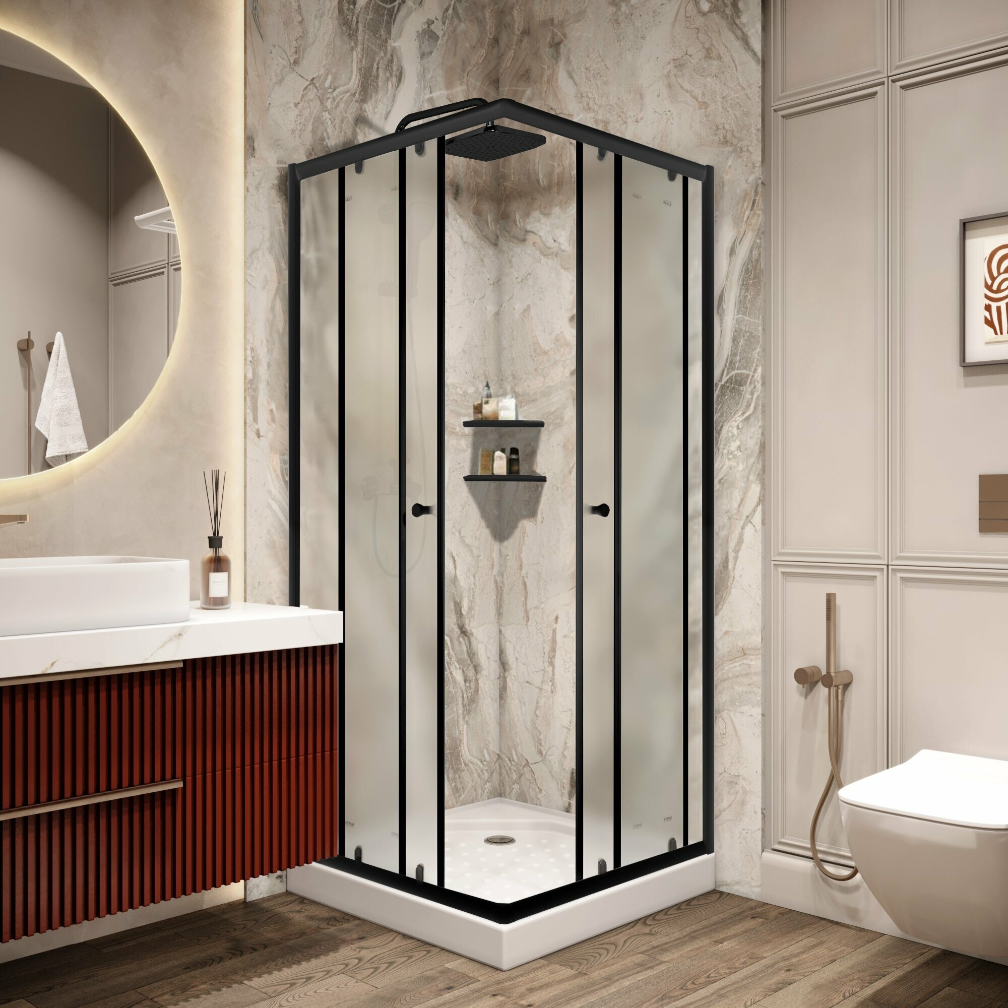 Душевой уголок PARLY ZFQ81B (80х80х193), поддон, профиль черный , стекло матовое