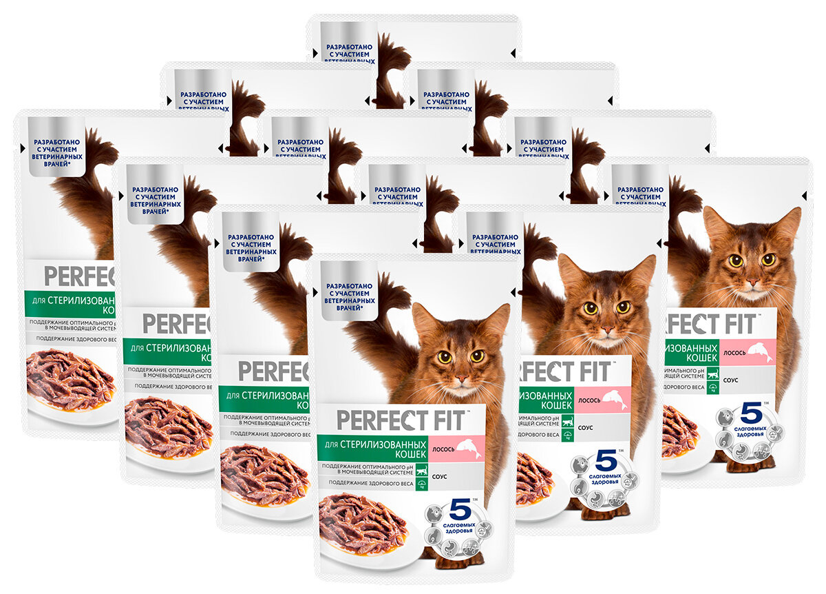 Корм влажный Perfect Fit для взрослых кастрированных котов и стериллизованных кошек, лосось в соусе, пауч, 75 г х 12 шт