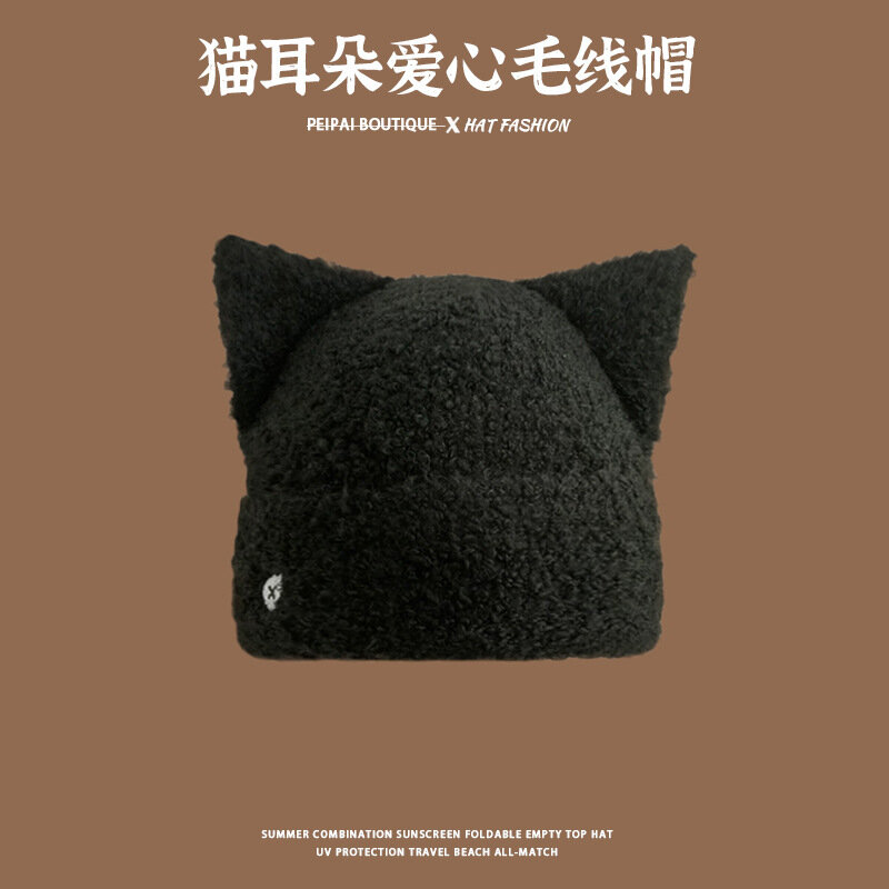 Вязаная шапка, зимняя шерстяная шапка с кошачьими ушками, женская теплая и холодостойкая плюшевая защитная шапка для ушей, сладкая защита для ушей, холодная шапка