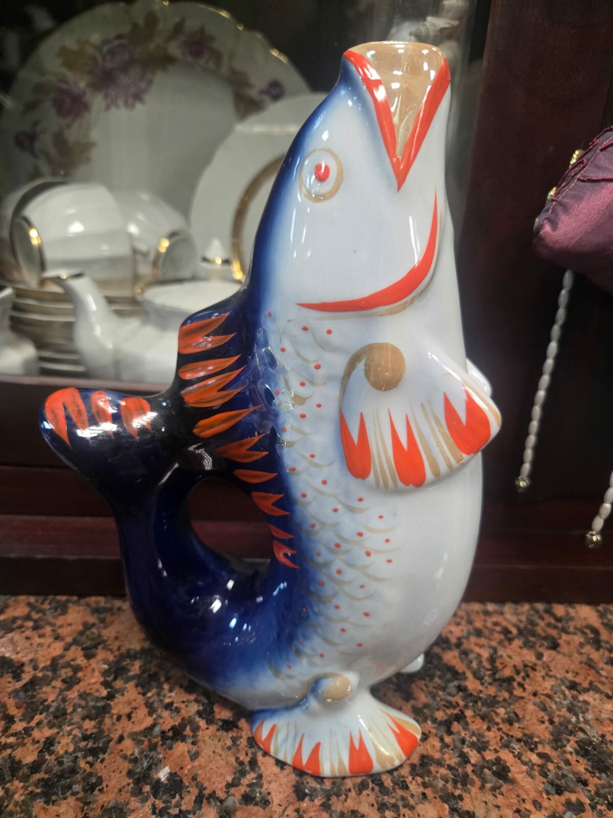 Графин / Штоф Рыба в синем цвете винтажный, фарфор, золочение, Полонский фарфоровый завод СССР