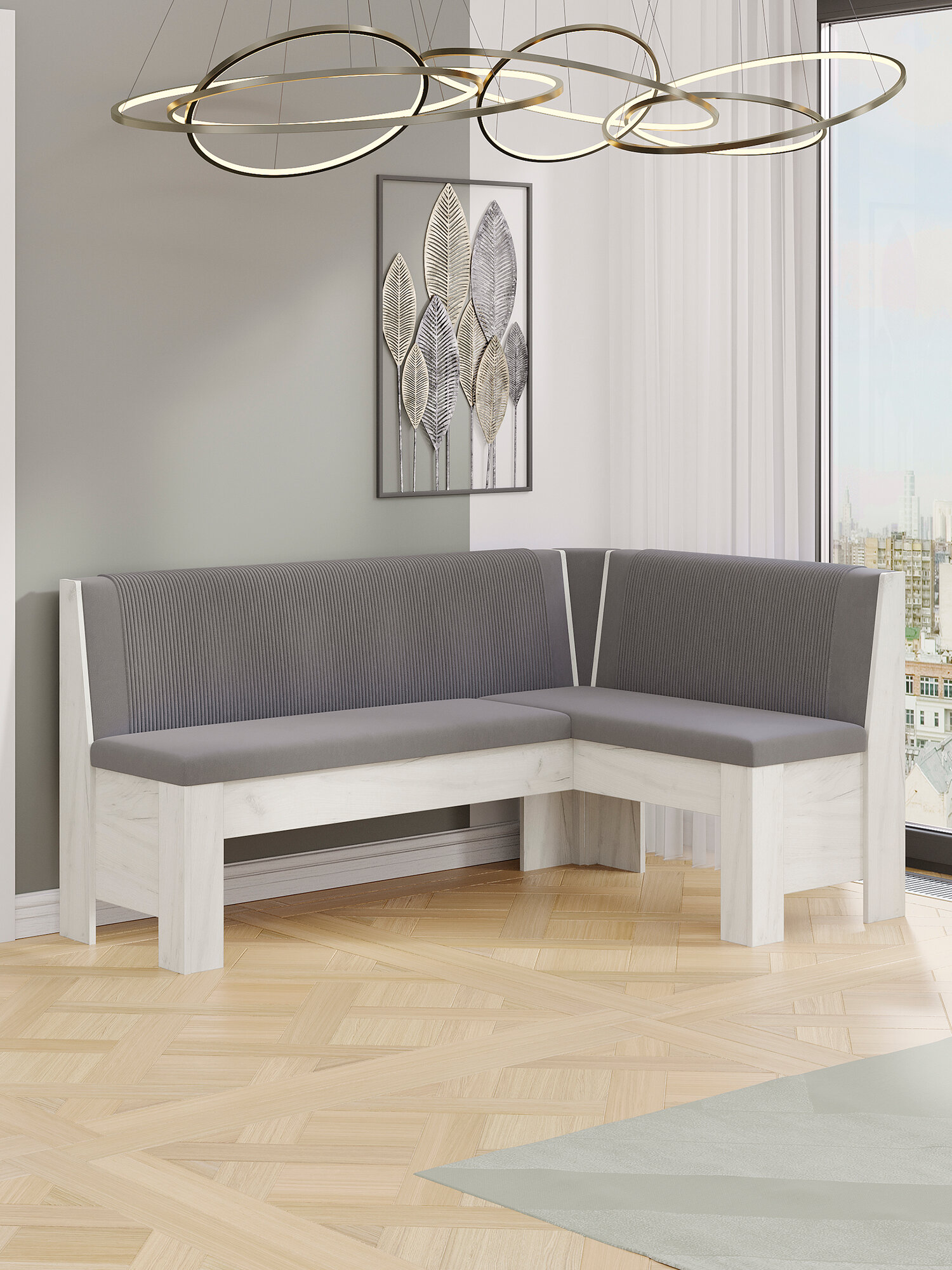 Скамья угловая «Ганновер» Дуб Крафт белый, Микровелюр Linea Grande 83/Connect 83 (серый)