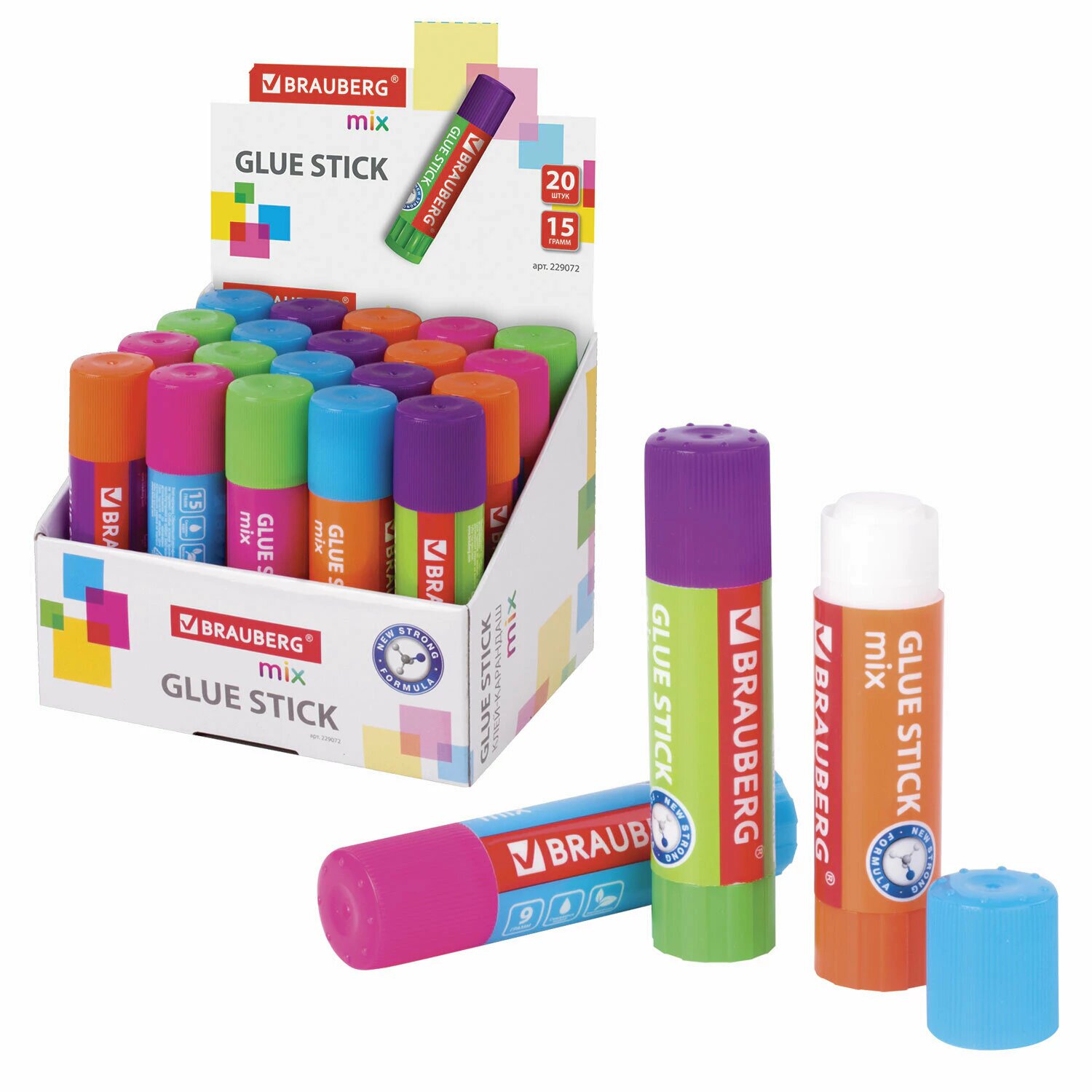 Клей-карандаш BRAUBERG MIX, 15 г, PVP основа, 229072, 2шт.