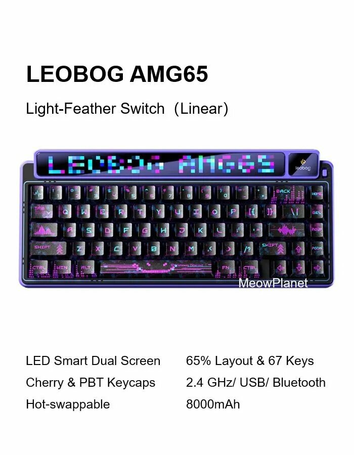 LEOBOG Игровая клавиатура беспроводная AMG65, Light-Feather Switch, Двойной экран, Английская раскладка, черно-серый
