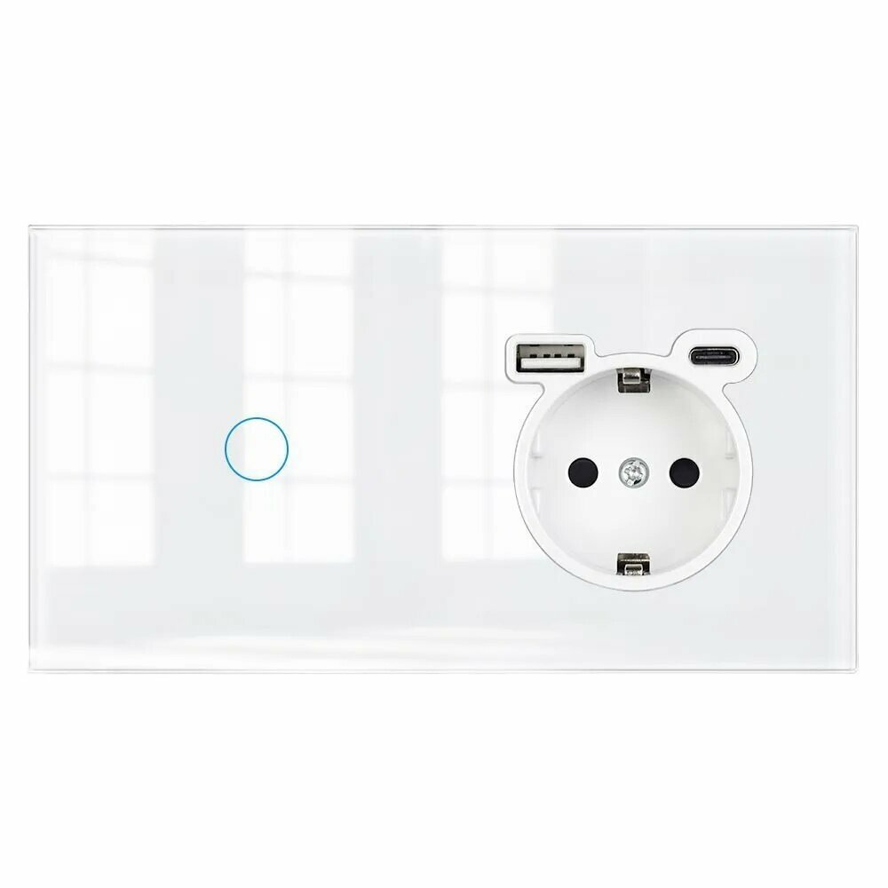 Умный выключатель одноклавишный Wi-Fi с розетка с usb ,1клавиша ,2пост (1G+1F) стекло 153х82 мм , белый