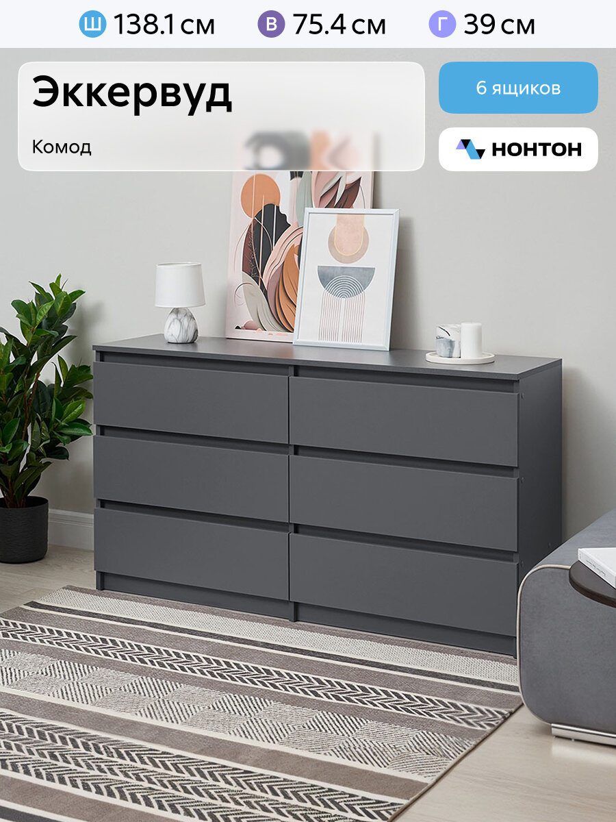 Комод для одежды Нонтон Эккервуд 2, графит серый, 138.1x39x75.4 см