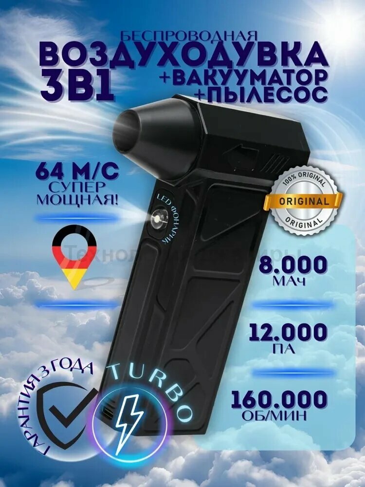 Воздуходувка аккумуляторная 2 в 1 / Ветродуйка с функцией пылесоса / Воздуходувка для компьютера