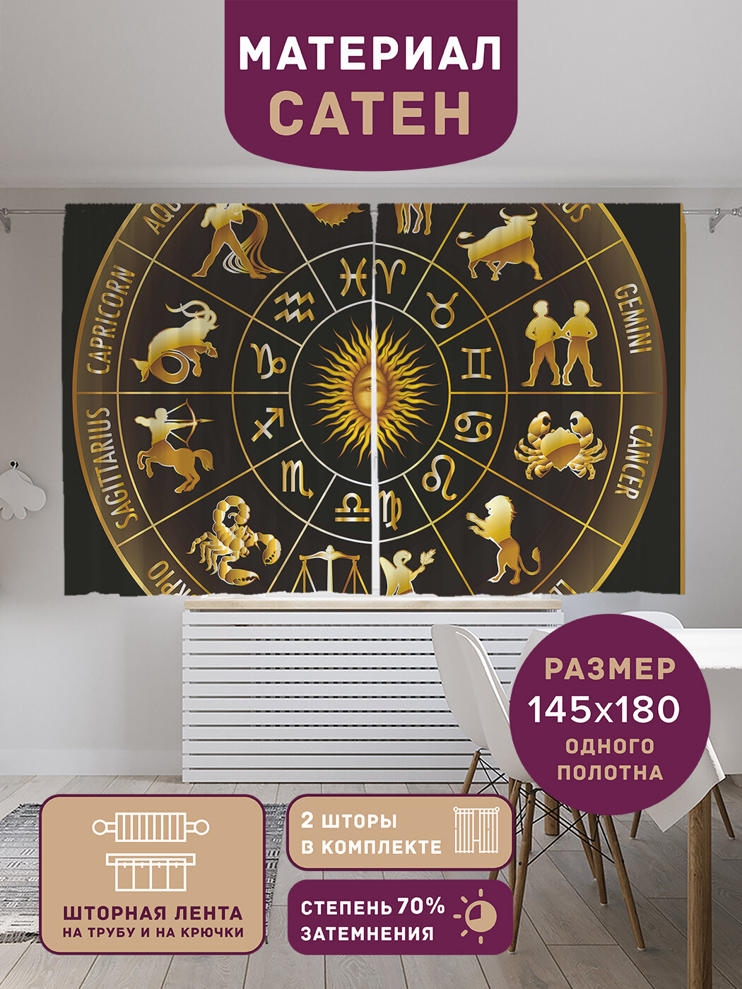 Фотошторы для кухни и спальни "Черная рамка", 2 полотна шириной по 145 см, высота 180 см, JoyArty