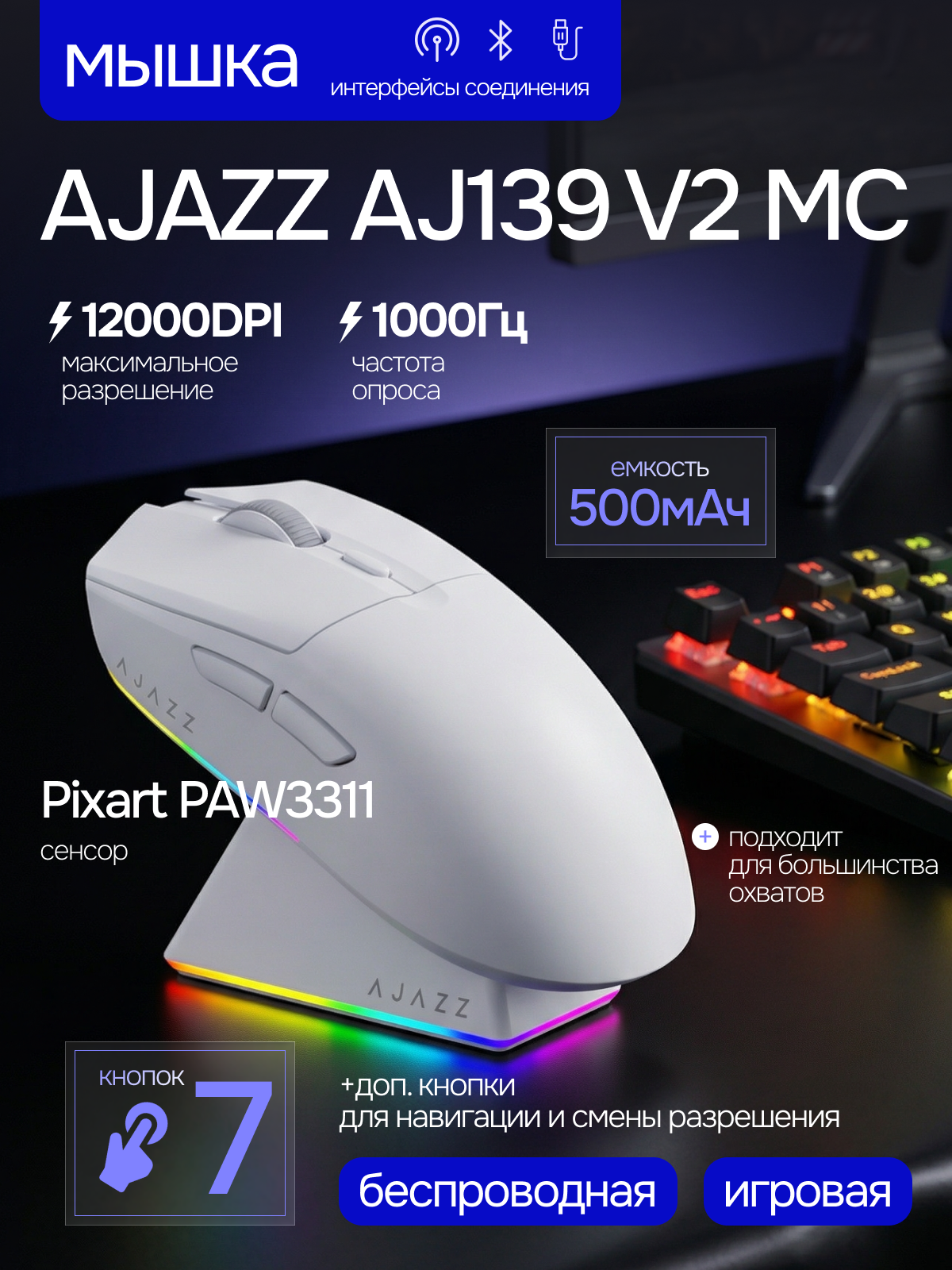 Игровая мышь AJAZZ "AJ139 V2 MC", беспроводная, Bluetooth, 6 клавиш, оптическая, белый