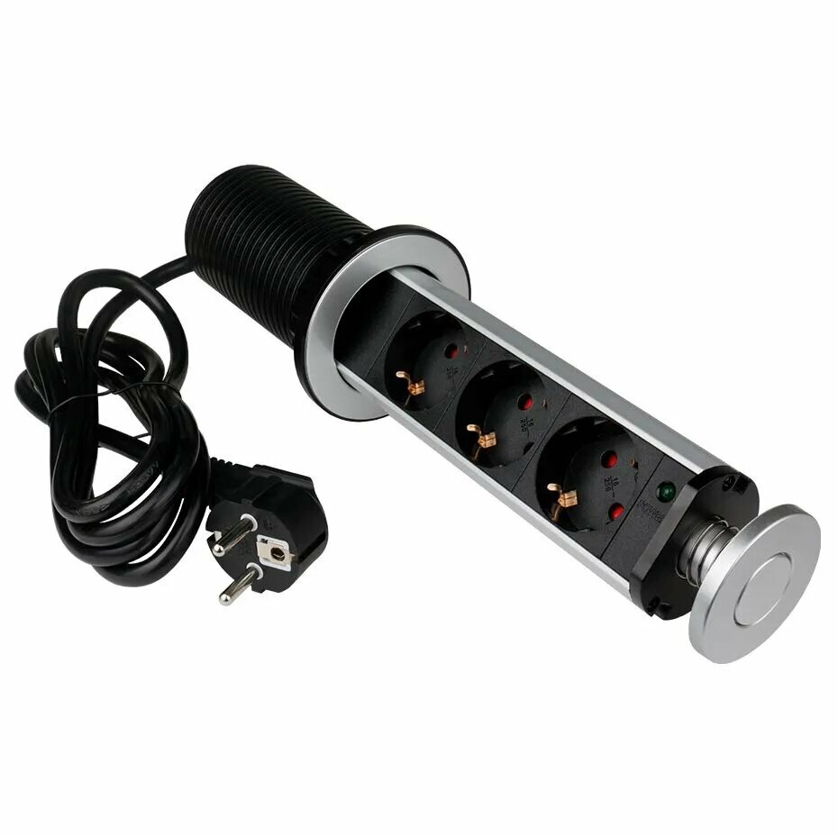 Выдвижная розетка в столешницу, скрытая, блок выдвижной горизонтальный на 3 розетки , для кухни стол, Серый , со светодиодным индикатором