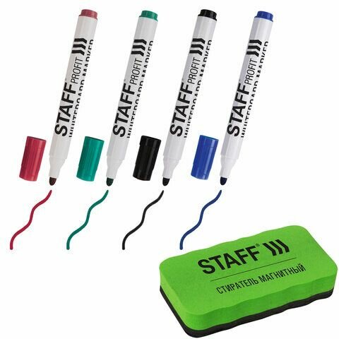4 шт. Набор для белой маркерной доски (магнитный стиратель + маркеры стираемые 4 штуки), STAFF Profit, 238847