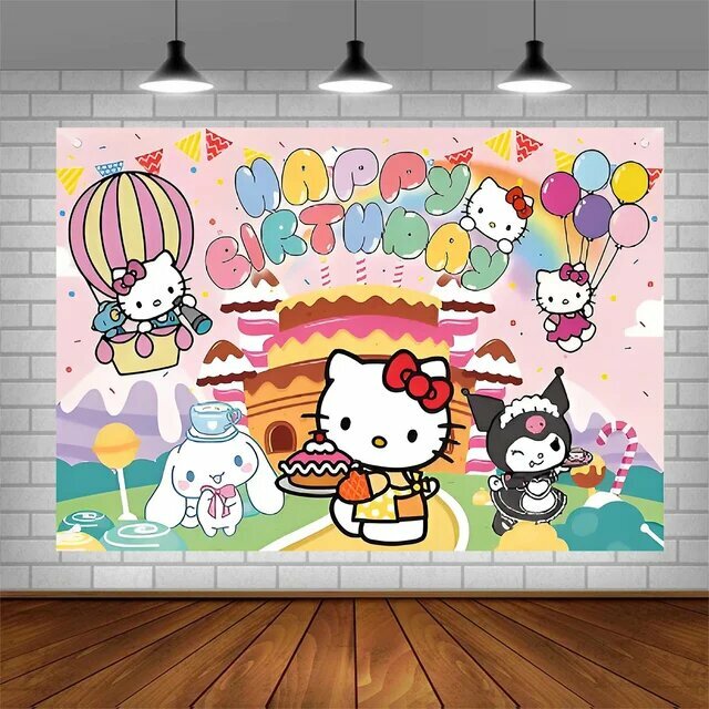 Декорации для вечеринок в стиле Sanrio Hello Kitty, фоны для фотосессий девочек, фоны для детских дней рождения, баннеры для вечеринок в честь рождения ребенка и реквизит для фотосессий.
