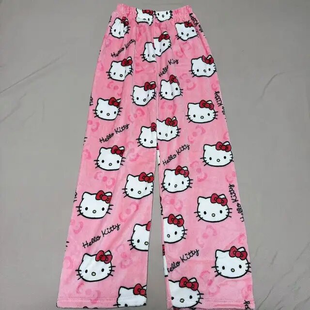 Пижама из фланели Sanrio Hello Kitty, рождественская модная теплая плюшевая пижама, повседневные домашние штаны с мультяшным рисунком, осенне-зимние штаны для сна.