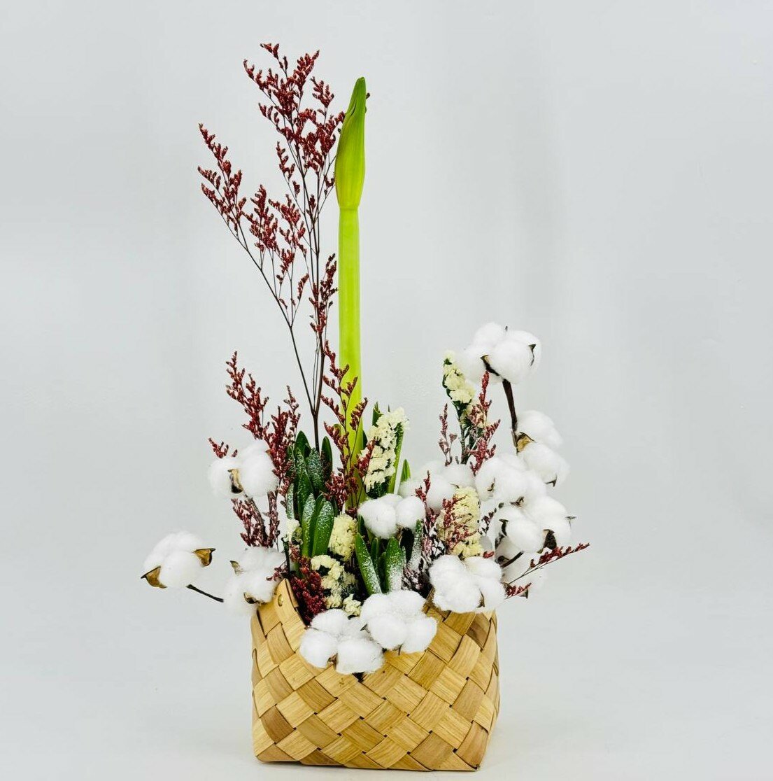 Интерьерная композиция весенних первоцветов гиацинт и амариллис в плетёном кашпо