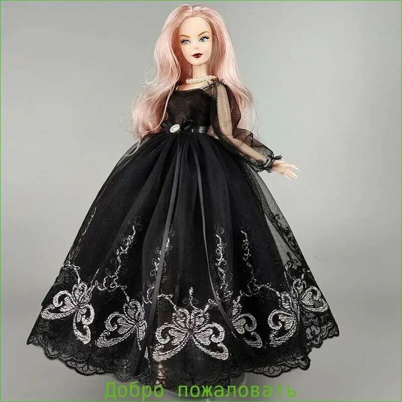 Цельное черный платье с пышными рукавами для куклы Барби