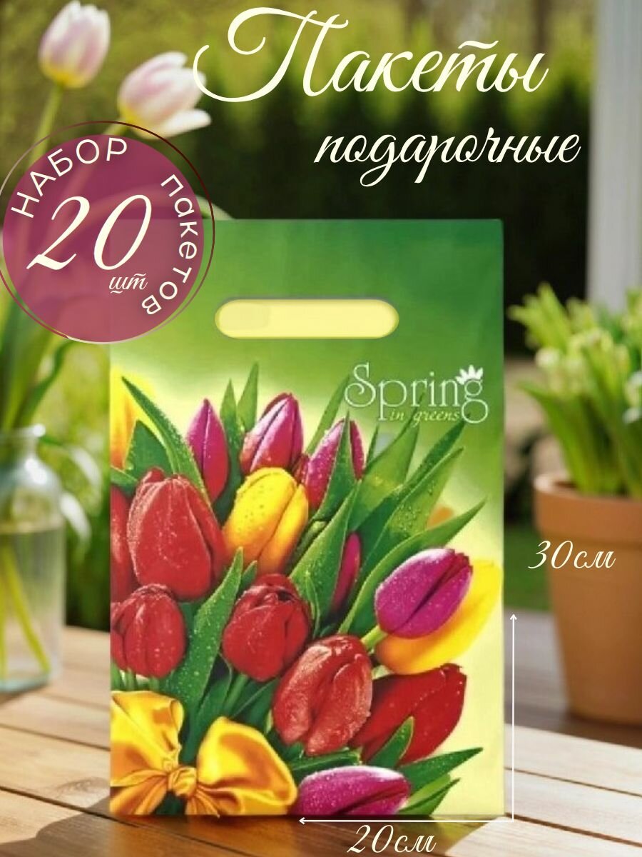 Пакеты подарочные полиэтиленовые 20х30 Весна 30 мк 20 шт