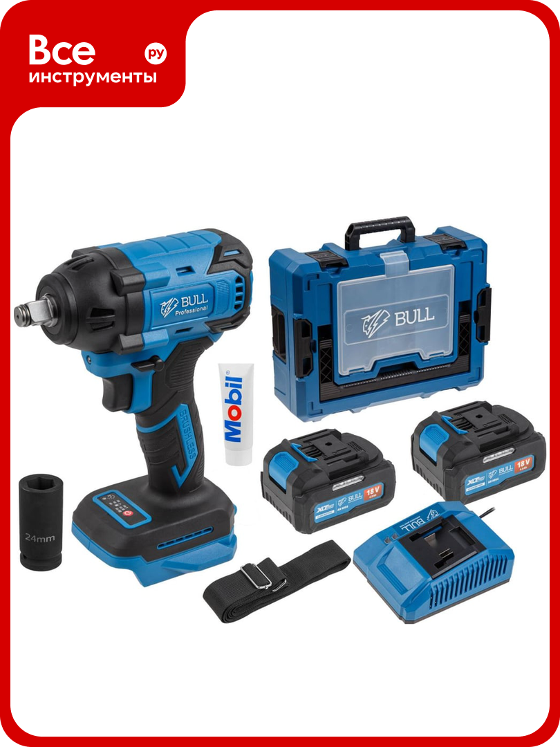 Аккумуляторный ударный гайковерт BULL SC 1804 Xcase, XLTpro, бесщеточный, 18 В, 400 Н*м, 1/2", 2x4 А*ч, з/у 4 А 1329728