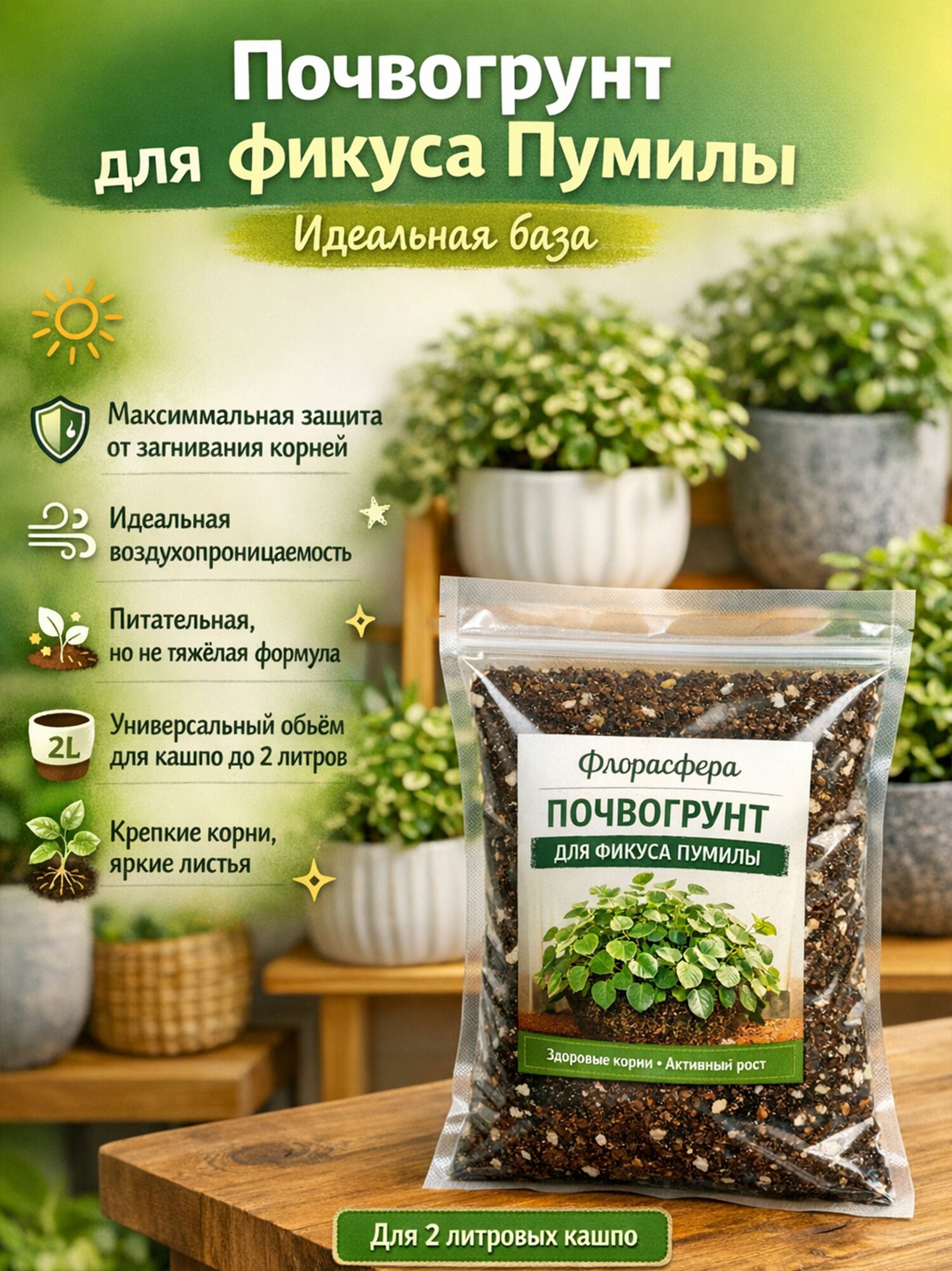 Почвогрунт БиоБаза для фикуса Пумила для кашпо до 2л премиум грунт