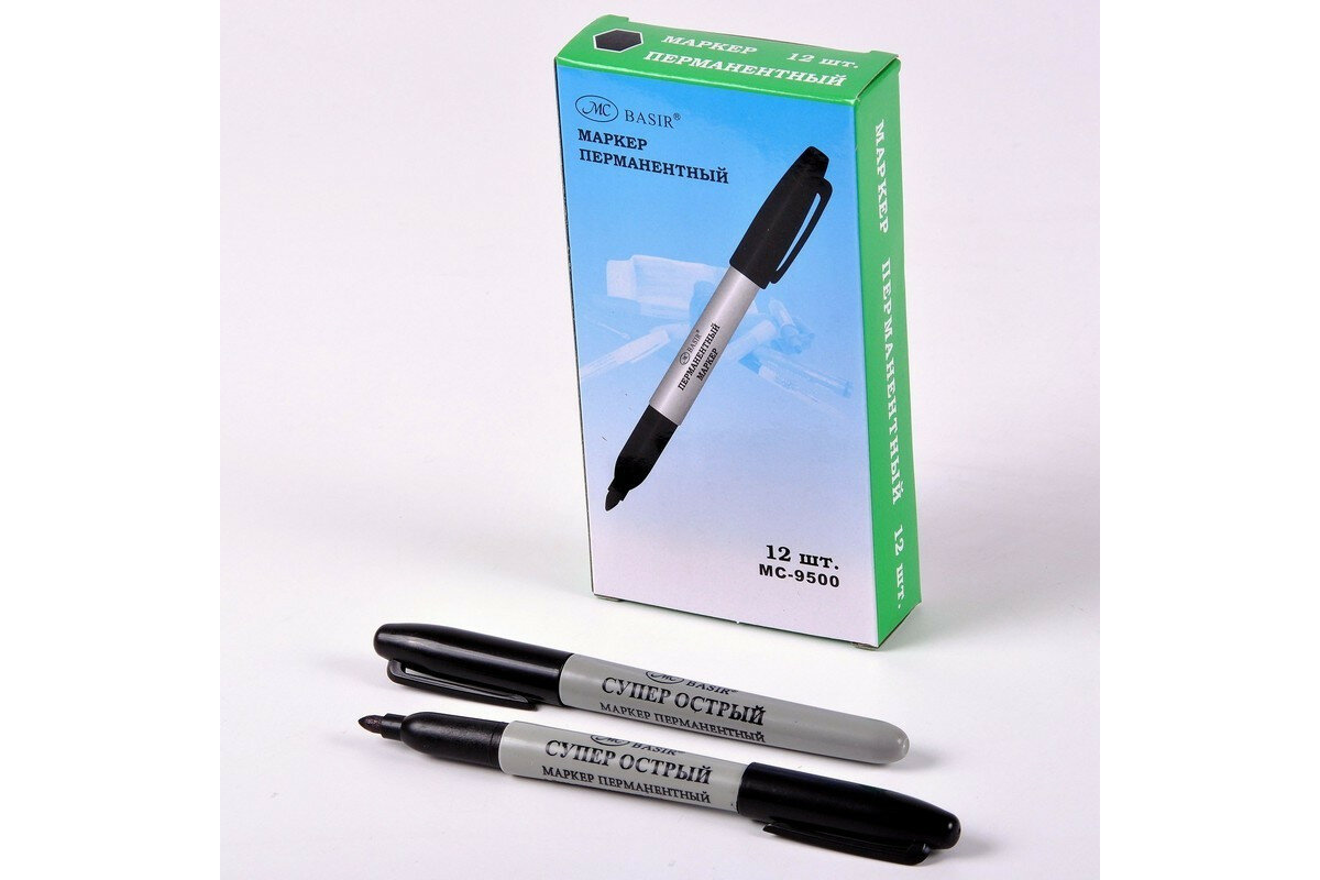 Перманентные маркеры Basir, круглый наконечник, черный, 12 шт
