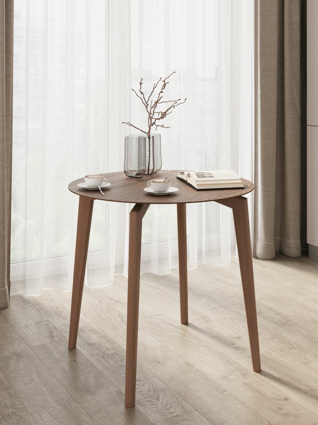 Стол круглый обеденный кухонный деревянный, 80 см, орех, маленький