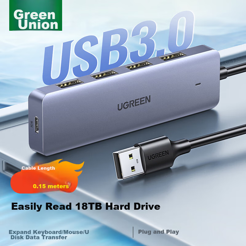 UGREEN USB 3.0 Hub Expansion Dock, High-Speed 4-Port Hub, Laptop Multi-Port Adapter, Extension Cable, Type-C Powered