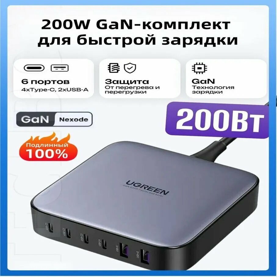Сетевое зарядное устройство 200Вт UGREEN CD271 / 2xUSB-A, 4xUSB-C / Быстрая зарядка, GaN