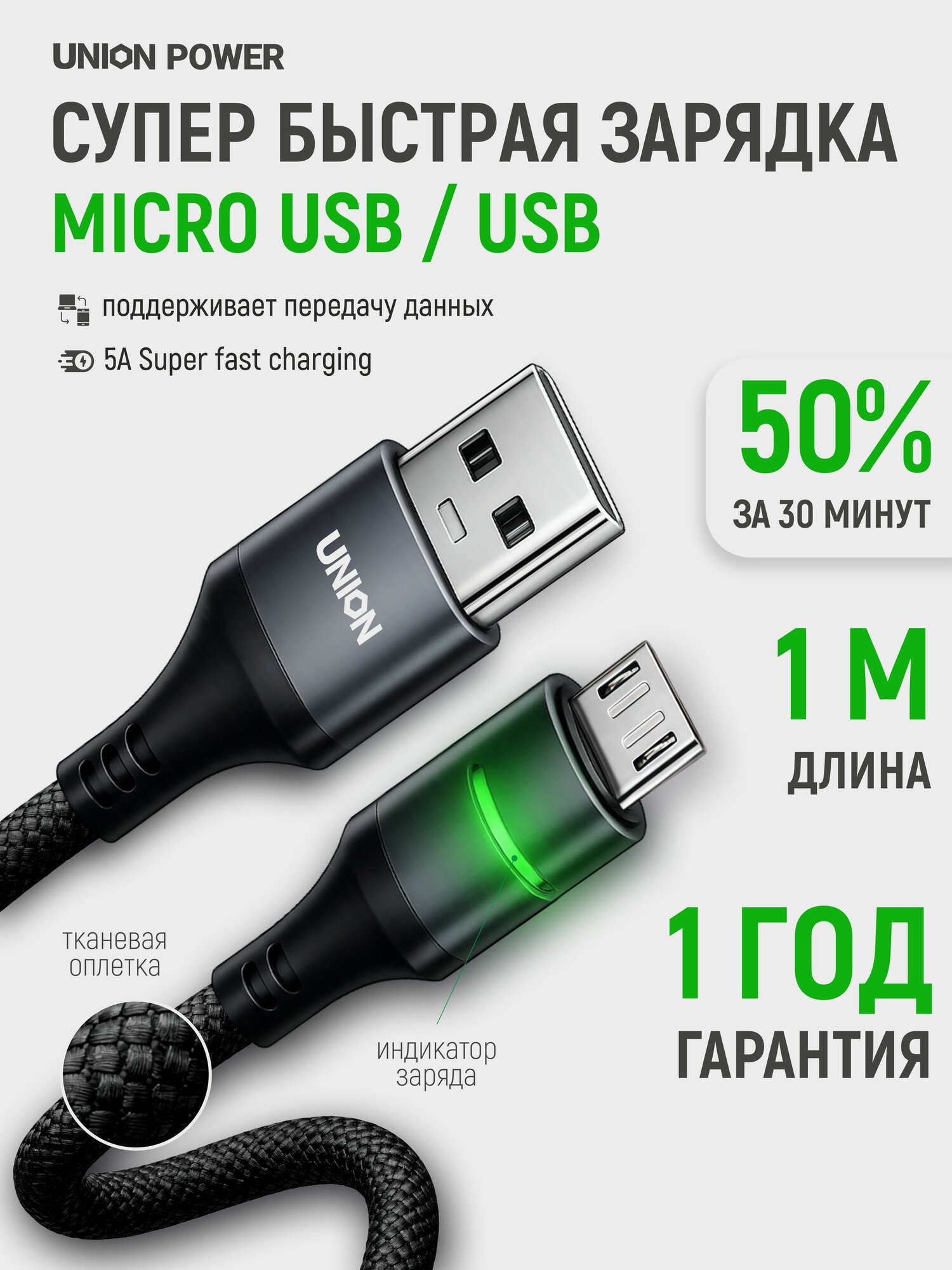 Кабель USB / microUSB, 1 метр в тканевой оплетке, черный - Union