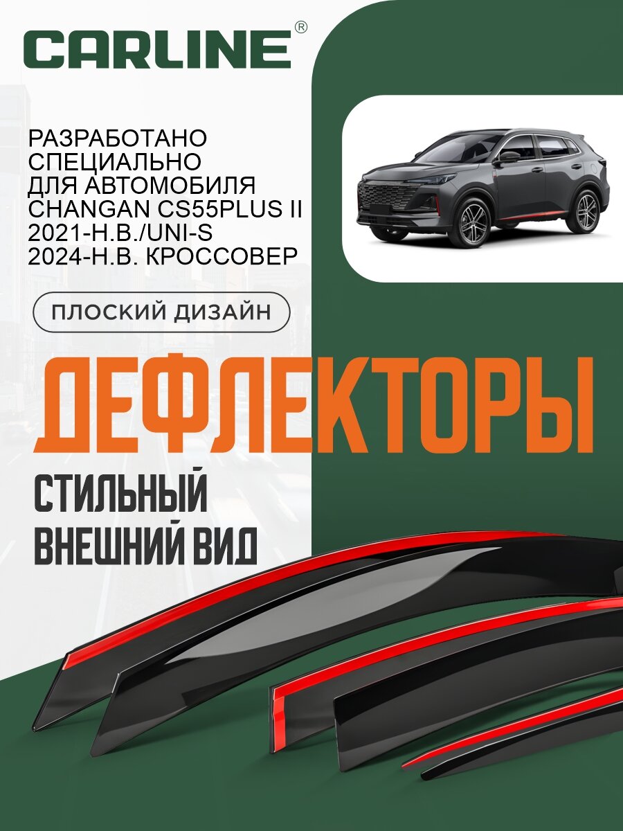 Плоские дефлекторы окон Carline для Changan CS55 PLUS 2, Uni-S (2021-н. в.), ветровики Чанган, накладные, 6 шт.