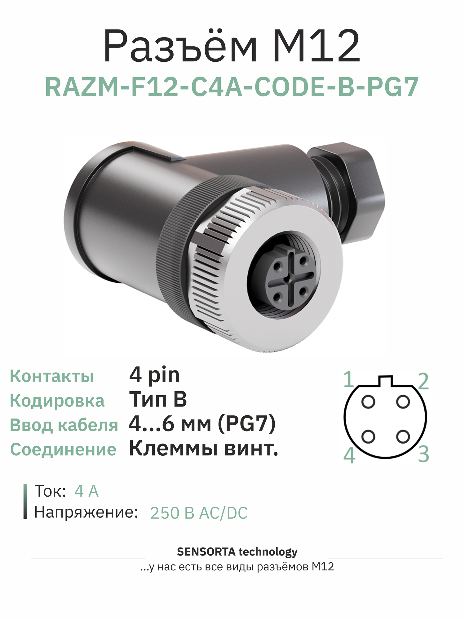 RAZM-F12-C4A-CODE-B-PG7 разъём М12 B-coding 4 pin угловой / розетка (мама) / PG7 (4-6 мм диаметр под кабель)