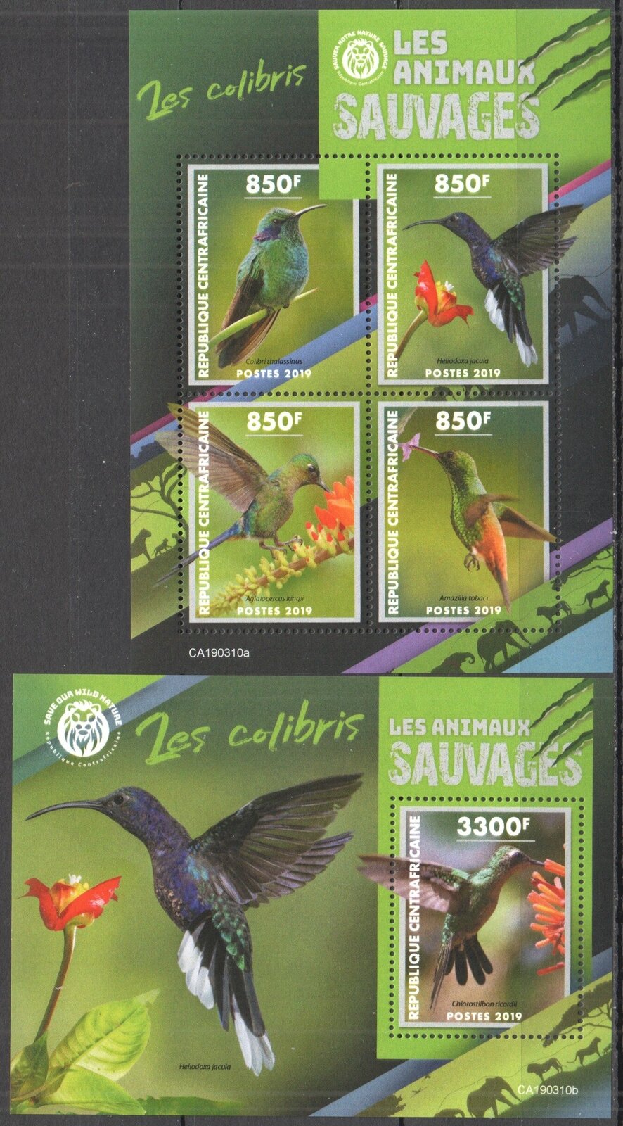 Марки 2019 год Центральная Африка Колибри Птицы Фауна #8750-8753+Bl1942 Mnh