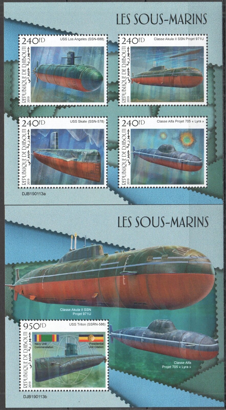 Марки 2019 год Джибути Подводные лодки Корабли Транспорт #2780-2783+Bl1280 Mnh