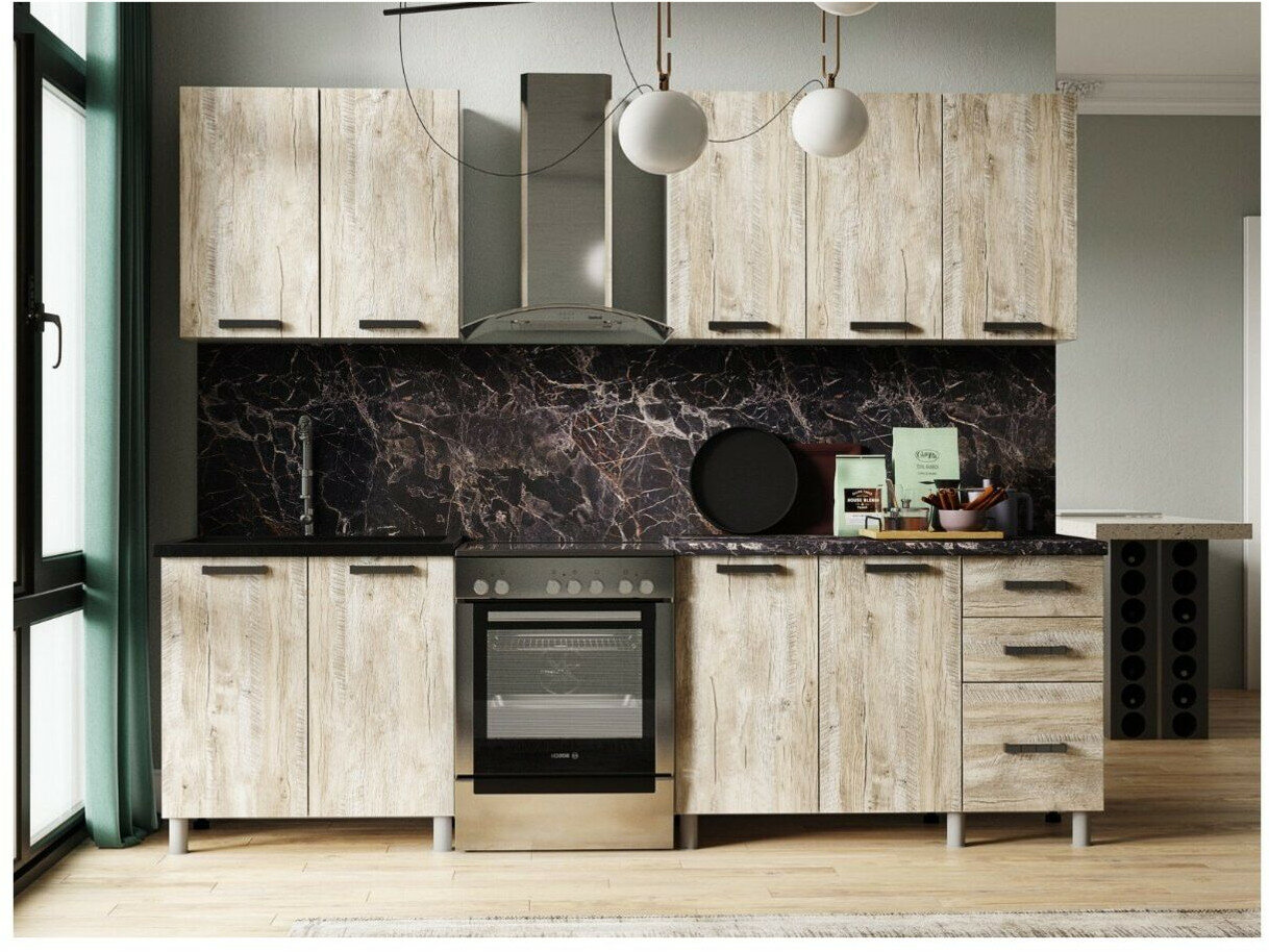 Кухонный гарнитур 2,0м, с фасадами ЛДСП, в современном стиле, Дуб Юкон