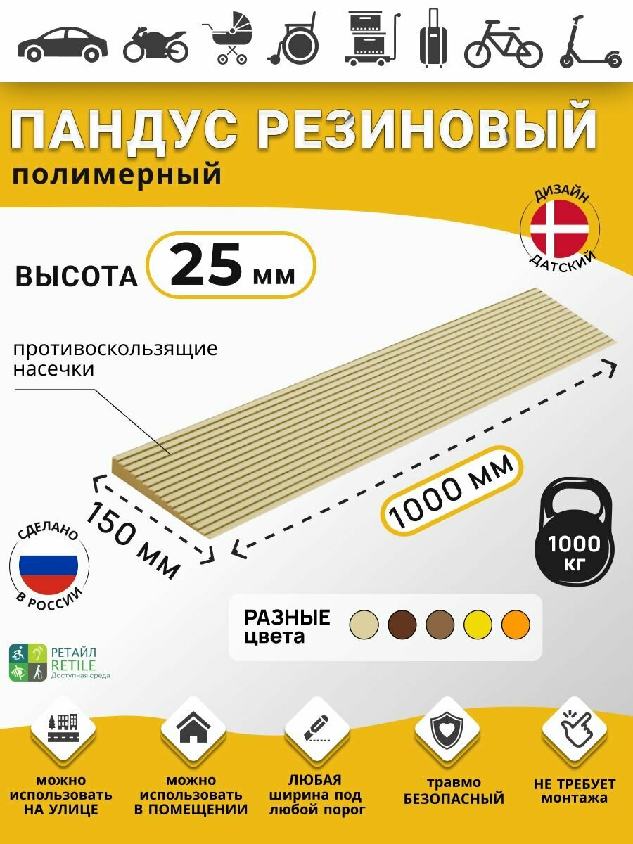 Пандус резиновый рубеж для порогов высотой 2,5 см (25х1000х150 мм), бежевый, для колясок, склада и автомобилей