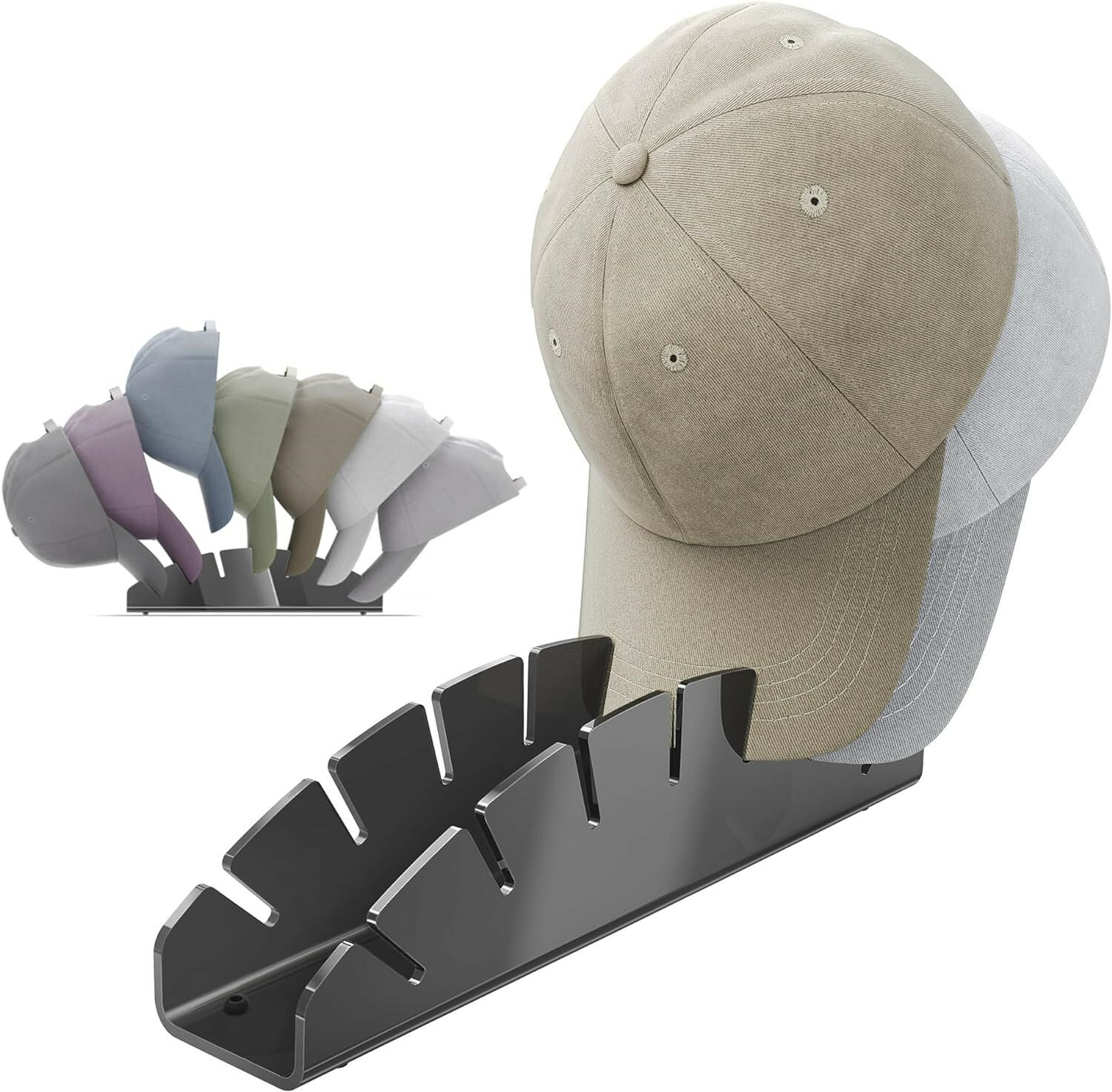 Стойка для кепок, Органайзер для кепок, Стойка для отображения кепок, Хранение кепок для гардероба, полки, столешницы, офиса (Прозрачный, Черный), 2 шт, Материал акрил, Размер 325x81x69мм, Толщина 3мм