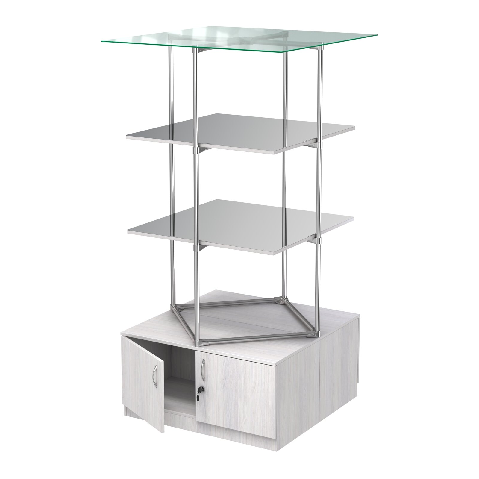 Торговые стенды Экспозиция с полками и тумбами №4 (с двумя зеркальными полками), Ясень Анкор светлый