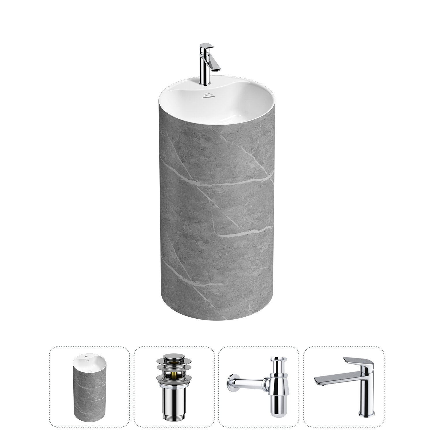 Круглая напольная раковина для ванной Wellsee Chalice Perfection 20213052R в наборе 4 в 1: напольная отдельностоящая раковина моноблок (чаша белый глянец, стенки матовый серый мрамор), донный клапан, сифон, смеситель (цвет хром)
