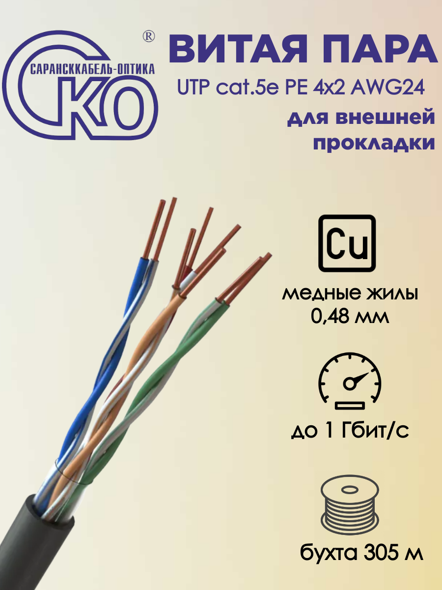 Витая пара Сарансккабель Оптика UTP Сat 5e PE 4х2 AWG24 Standard Outdoor, медная жила, бухта 305 м