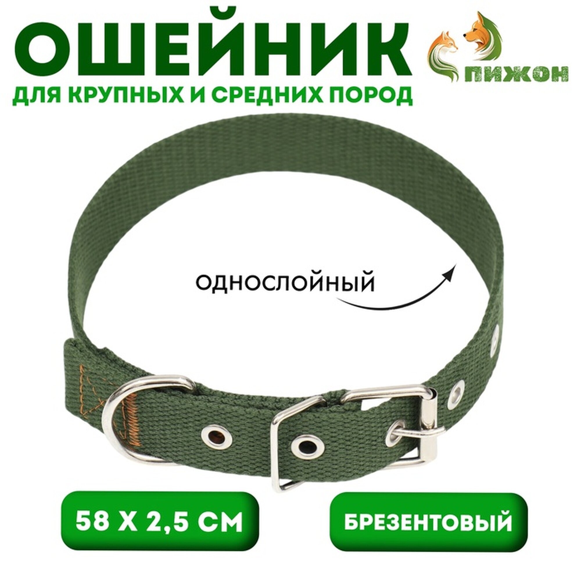 Ошейник Пижон, брезент, однослойный, регулируемый, 58 х 2,5 см, хаки